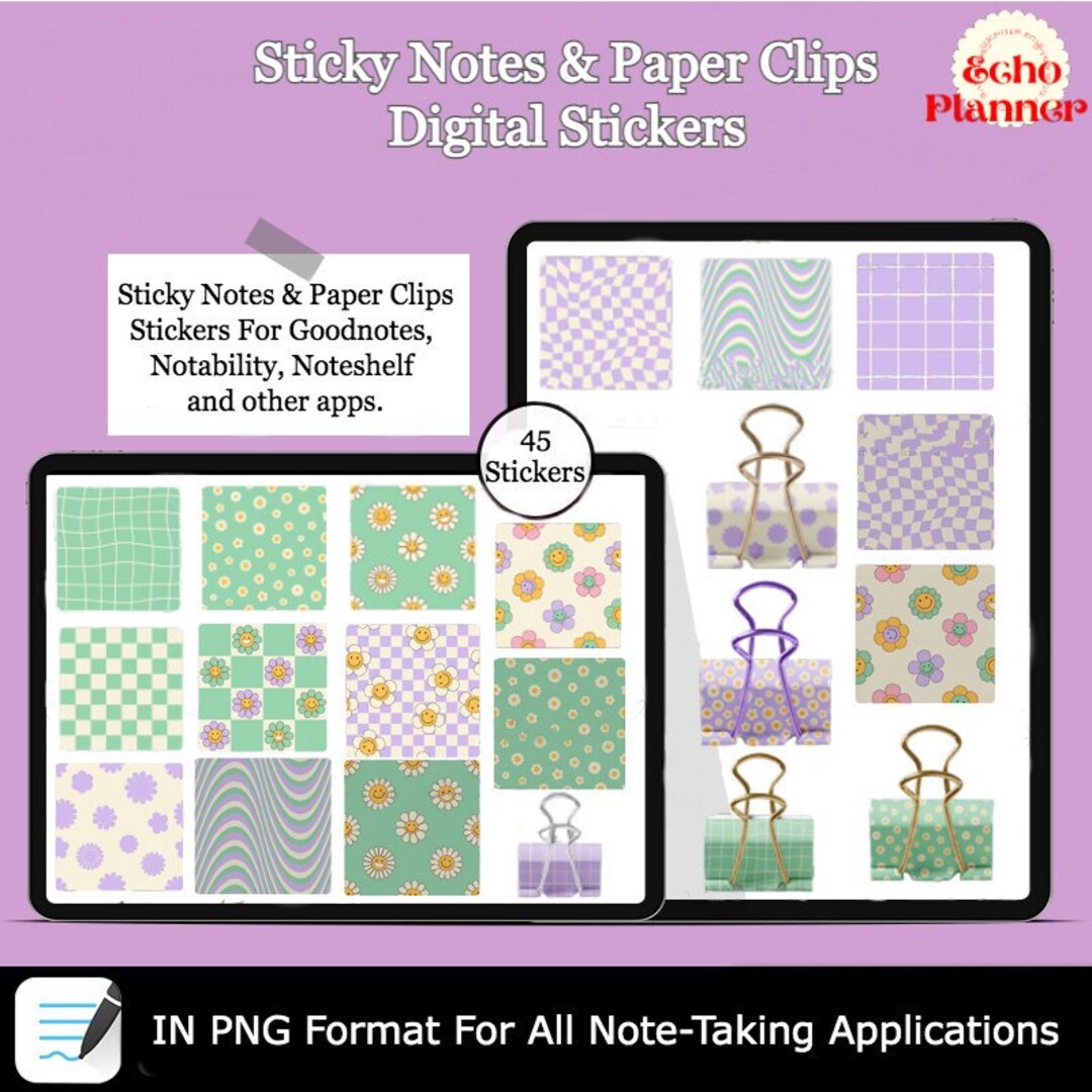 Sticky Notes & Paper Clips Digital Stickers: Planner Stickers (PNG ...