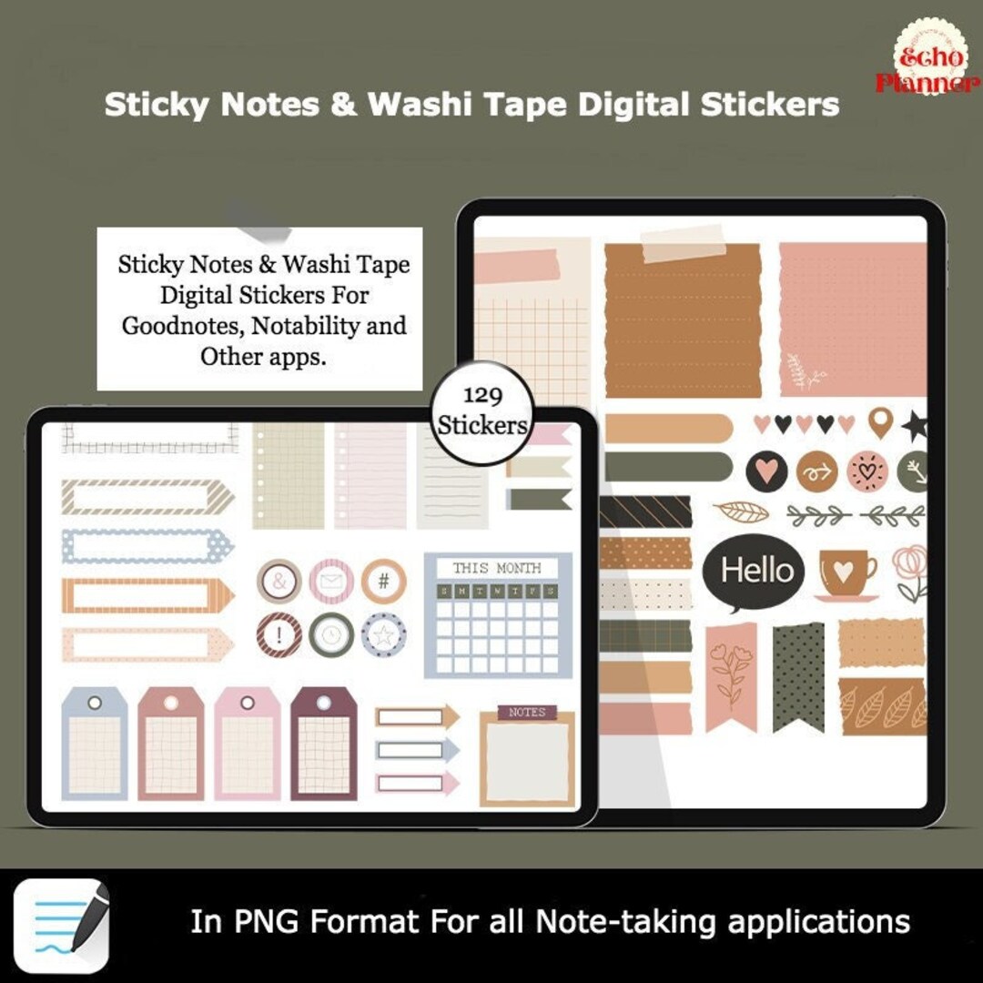 Washi Tape & Sticky Notes Digital Stickers for Goodnotes Planner ...