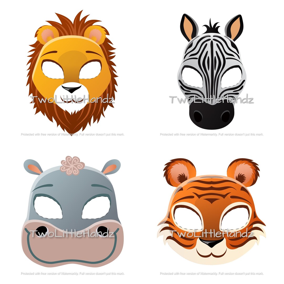 Safari Animal Masks Bundle Animal Masks for Kids Lion Zebra Hippo Tiger ...