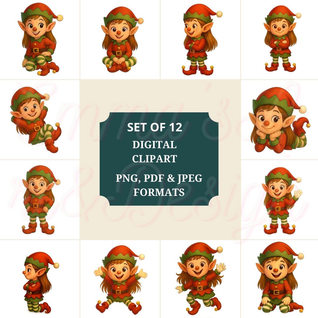 Cute Girl Elf Clipart, Christmas Elf PNG JPEG PDF, Santa’s Helper ...