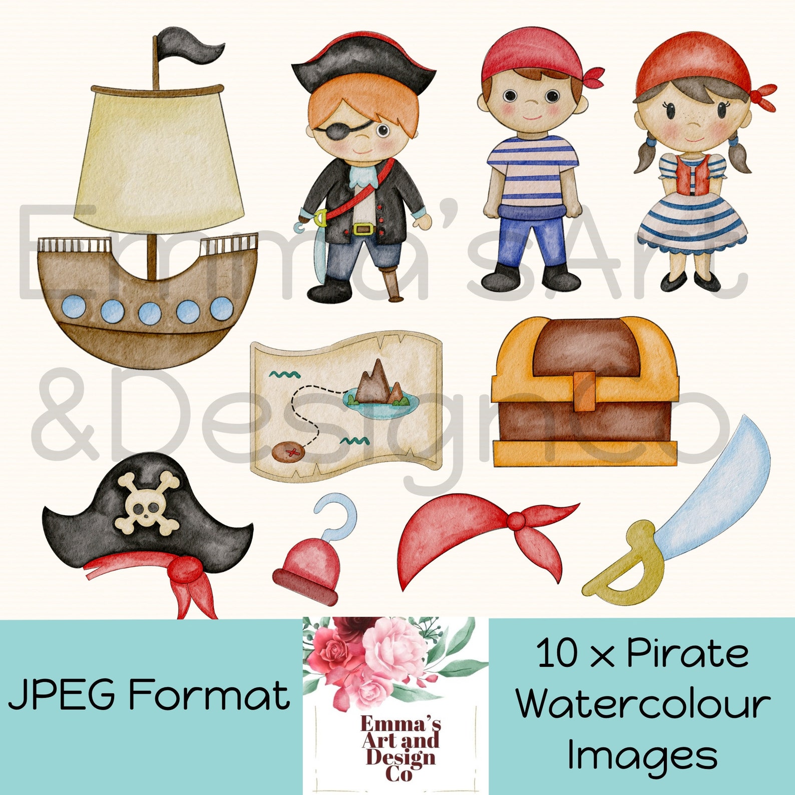 Pirate Watercolor Clipart Bundle - 10 Pirate Images, Cute Pirate ...