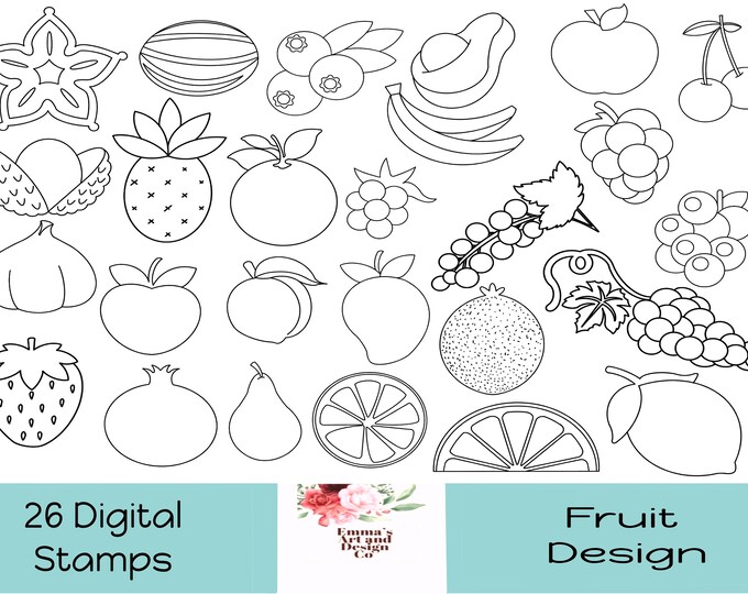 Fruit Digital Stamps - Food Line Art, Outlines, Lemon, Pineapple, Fruit ...