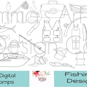 Fishing Digital Stamp, Fishing Stamp, Fishing Images Bundle, Fishing ...