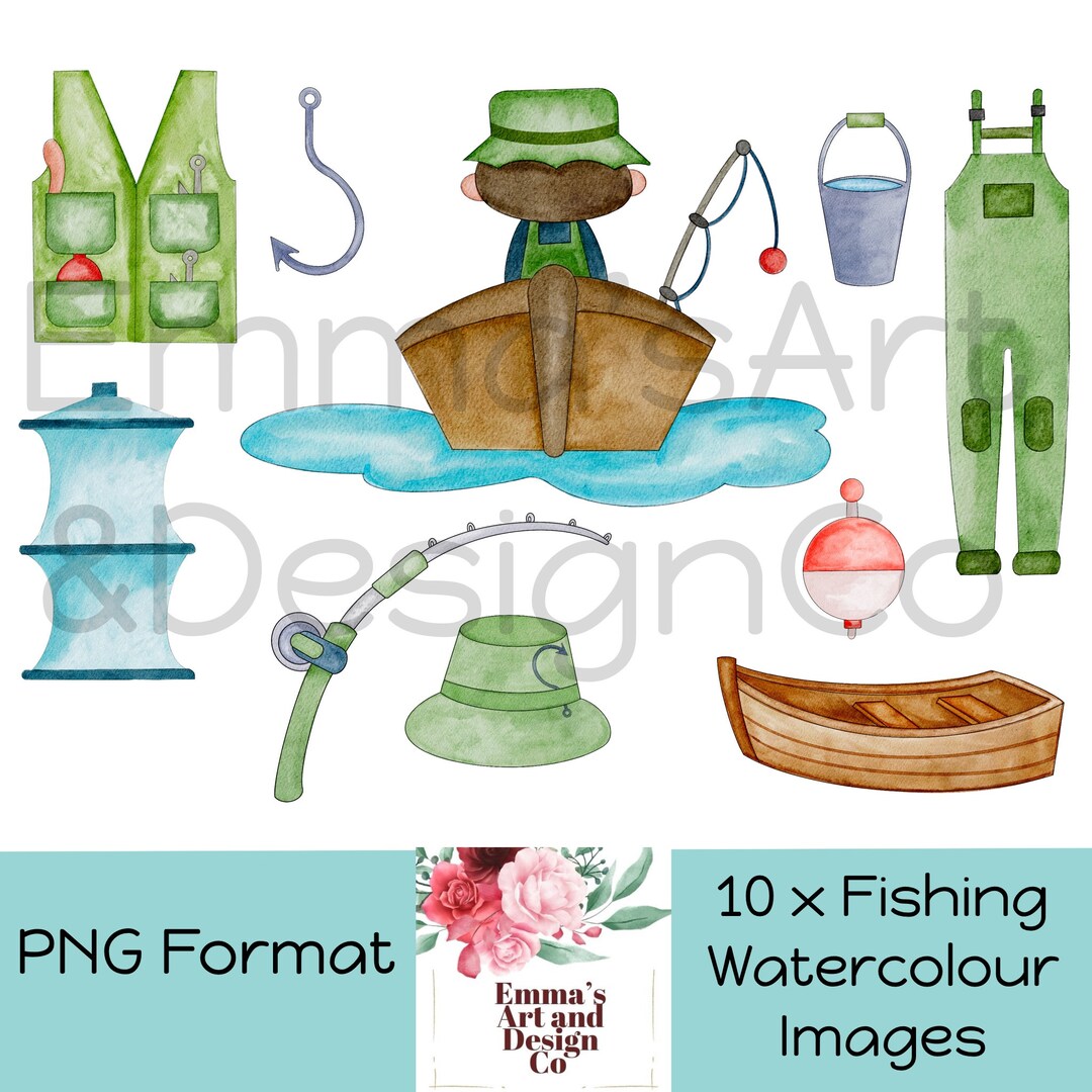 Fishing Watercolor Clipart Bundle - 10 PNG Angling Equipment Images ...