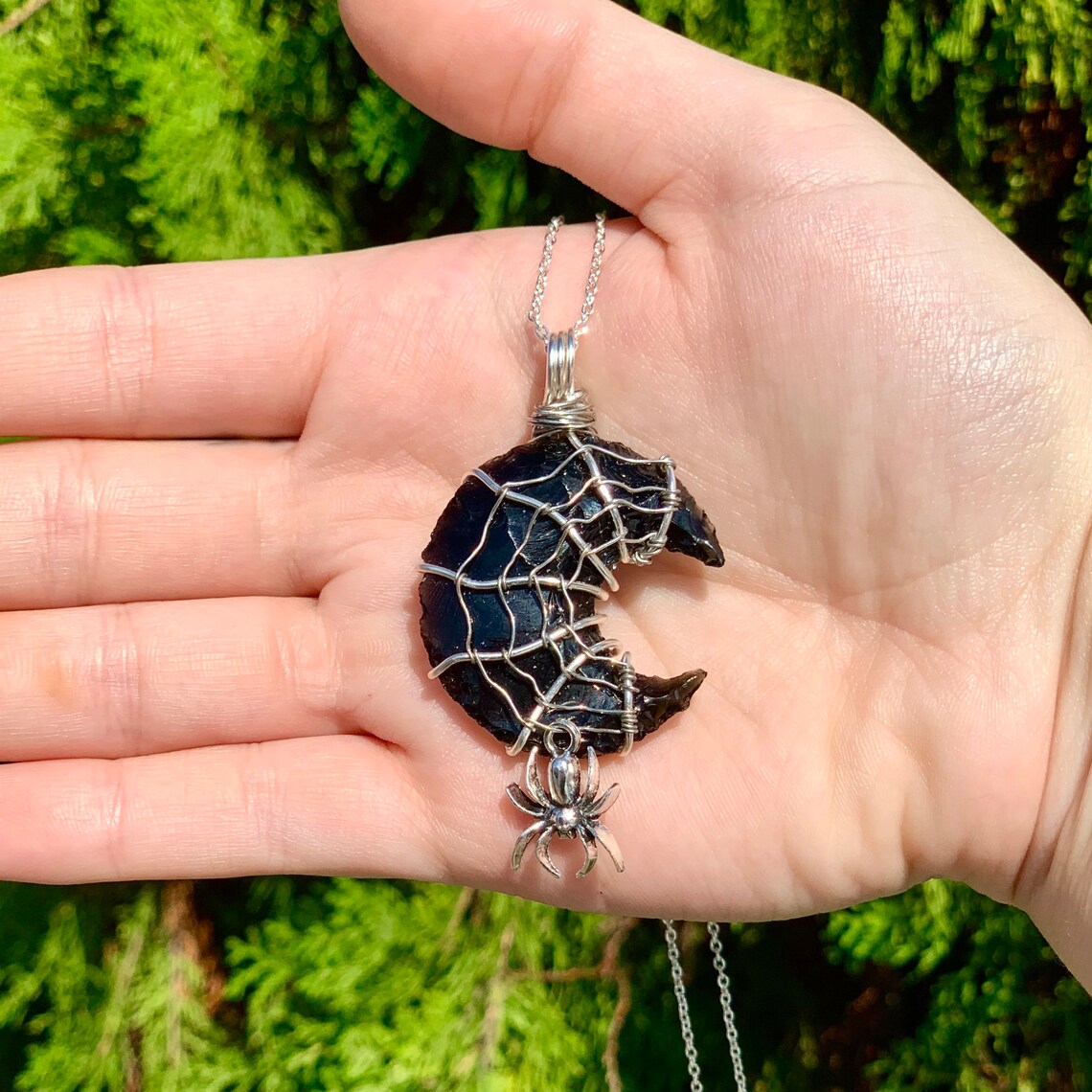 Spider Web Obsidian Moon Necklace - Etsy