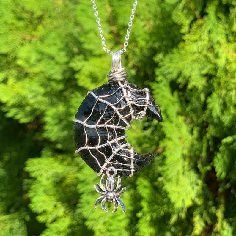 Spider Web Obsidian Moon Necklace | Etsy