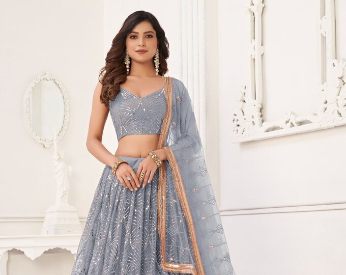 Net Light Gray Lehenga Choli for Women Indian Wedding Wear Ghagra Choli ...