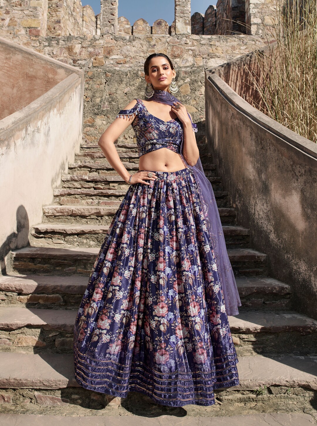 Purple Lehenga Choli for Women Floral Printed Indian Wedding Wear ...