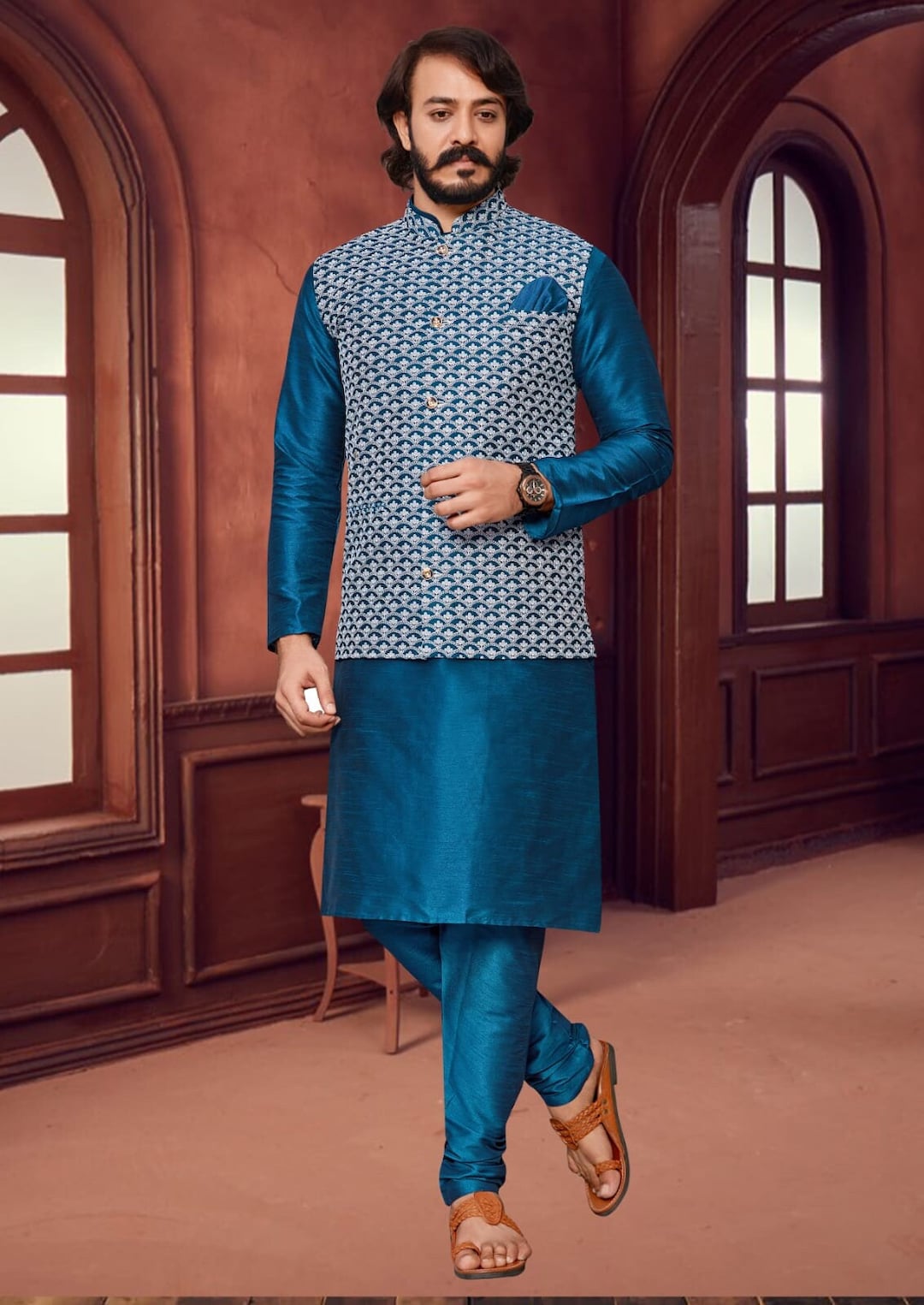 Blue Mens Kurta Pajama With Koti Indian Wedding Wear Kurta Payjama Set ...