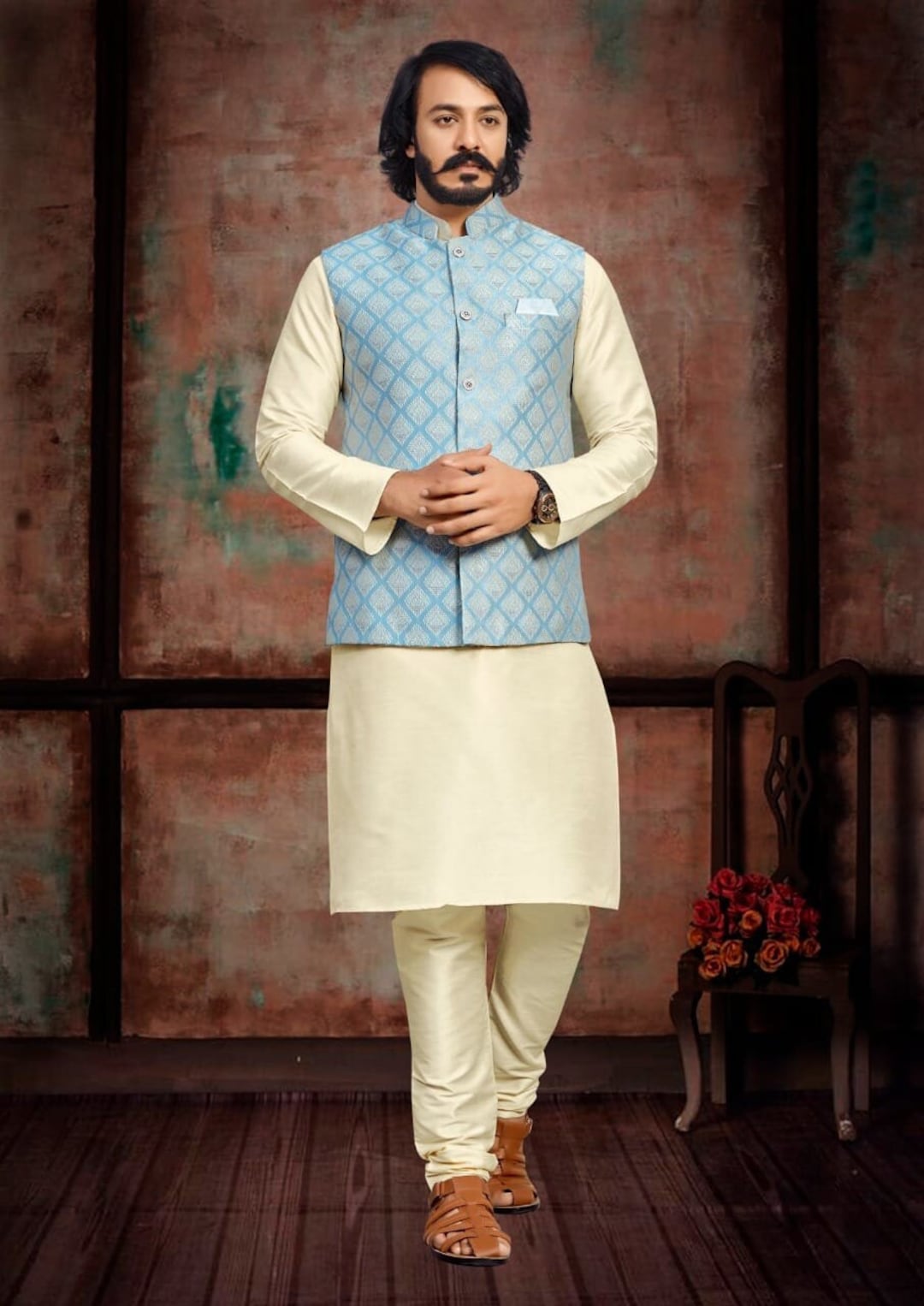 Mens Kurta Pajama With Koti Indian Wedding Wear Kurta Payjama Set Party ...