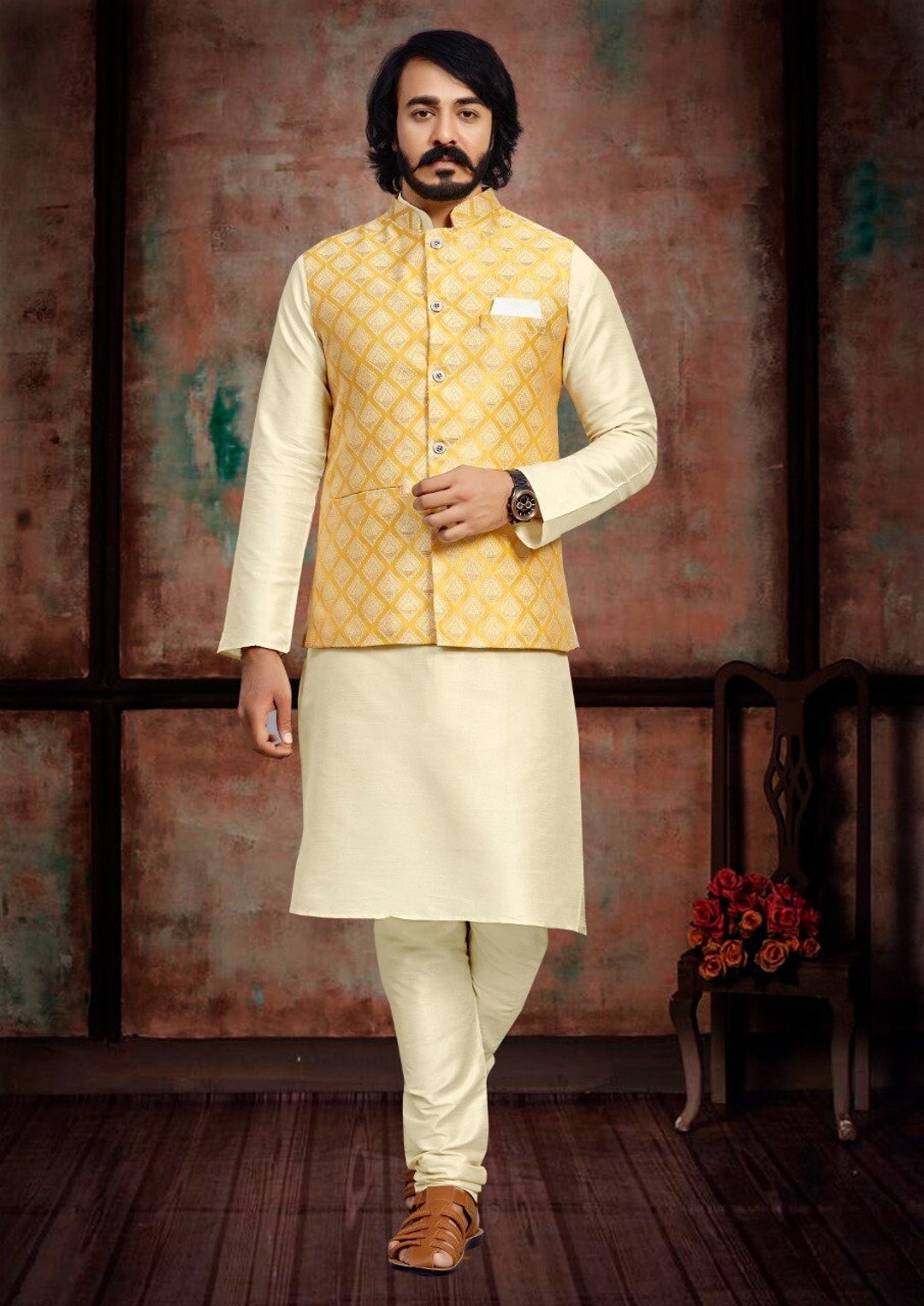 Yellow Mens Kurta Pajama With Koti Indian Wedding Wear Kurta Payjama ...