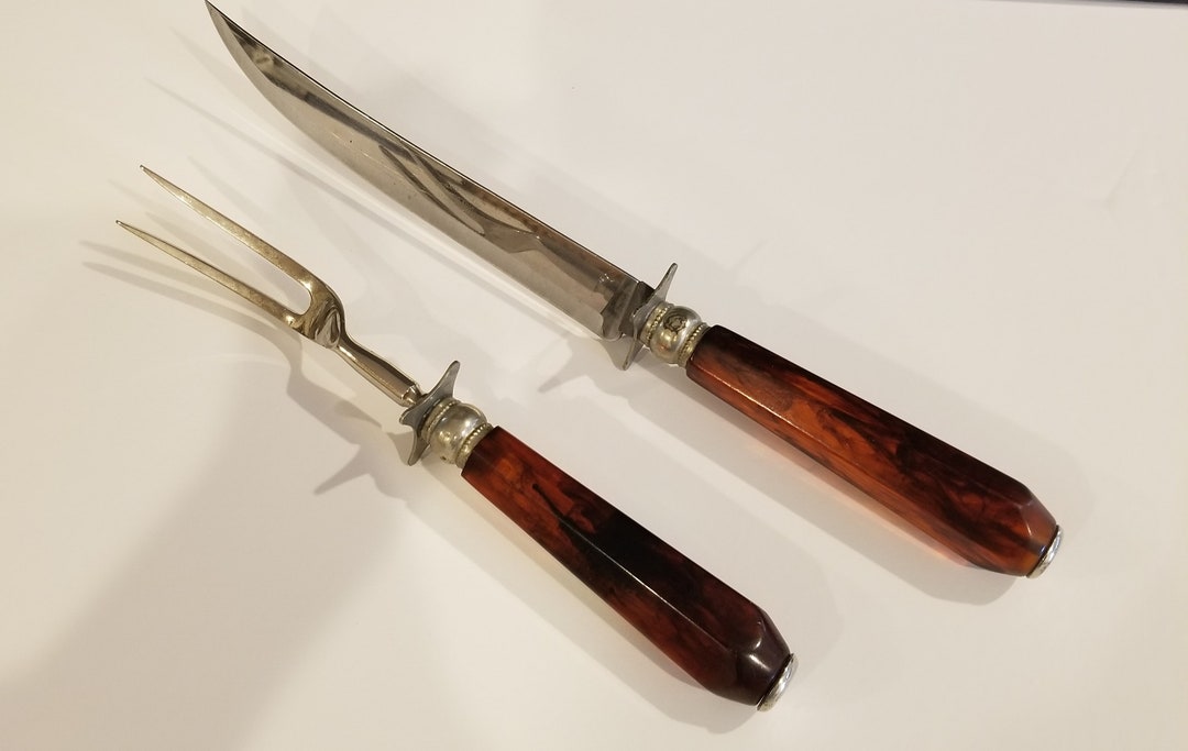 Amber Lucite Faux Tortoise Shell Handle Carving Set - 2 Pieces ...