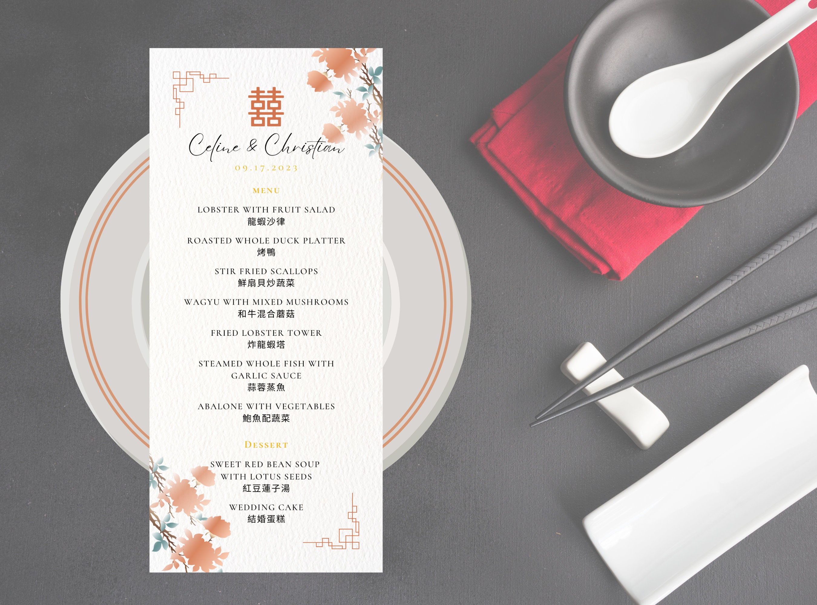Bilingual Chinese Wedding Menu Template: Double Happiness (editable ...