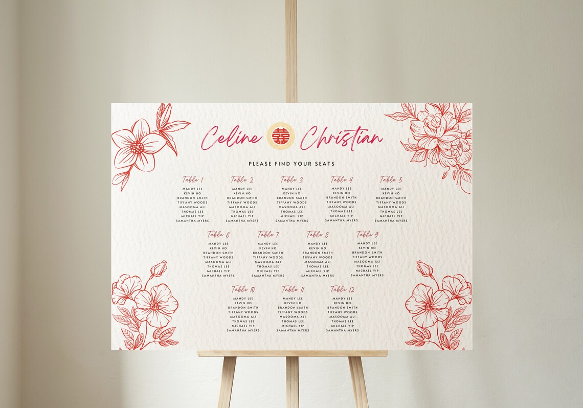 Chinese Wedding Seating Chart Template: Floral Asian Design (canva ...