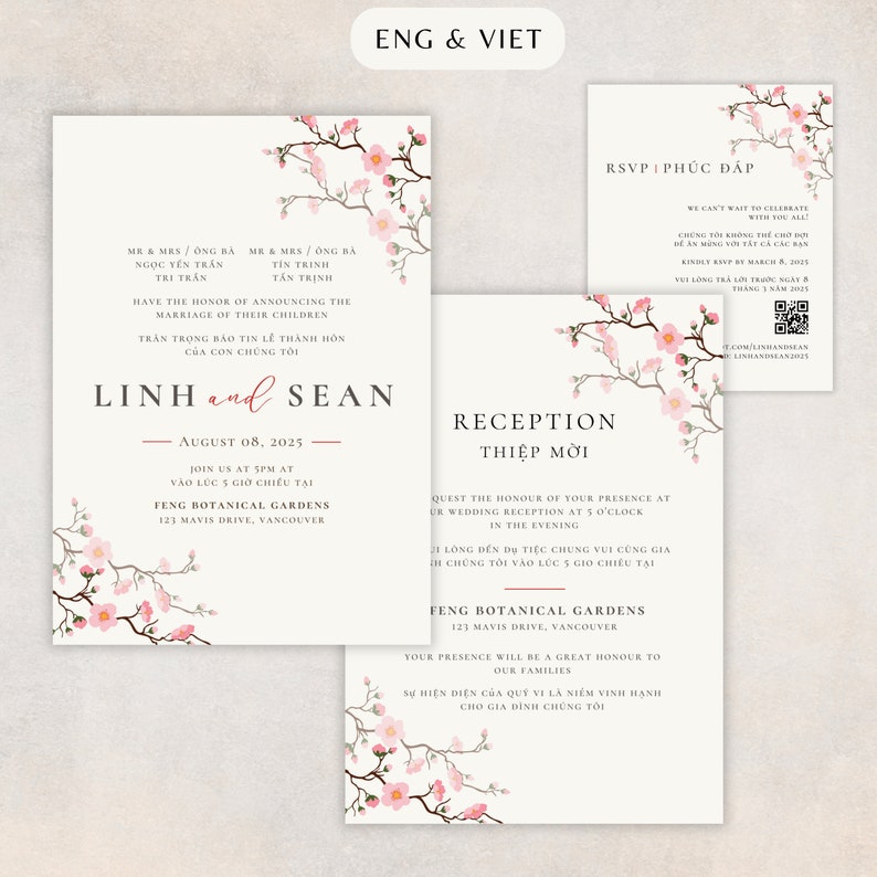 Vietnamese Wedding Invitation Template Sakura Cherry Blossom - Etsy