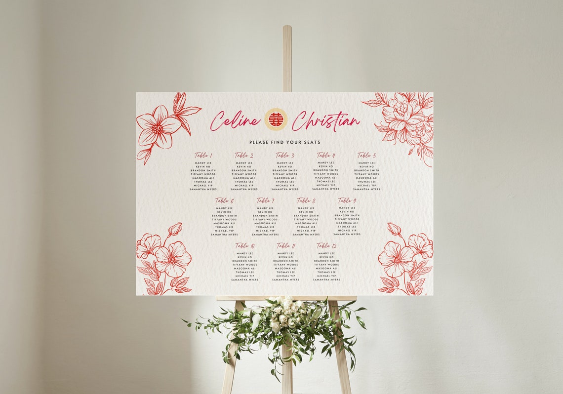 Chinese Wedding Seating Chart Template: Floral Asian Design (canva ...