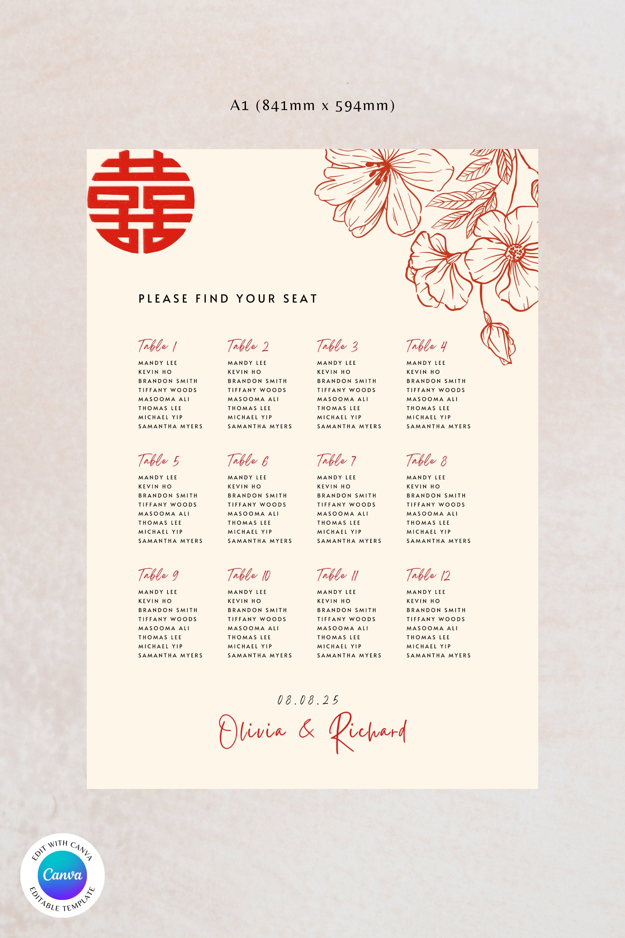 Chinese Wedding Seating Chart Template, Asian Wedding Seating Chart ...