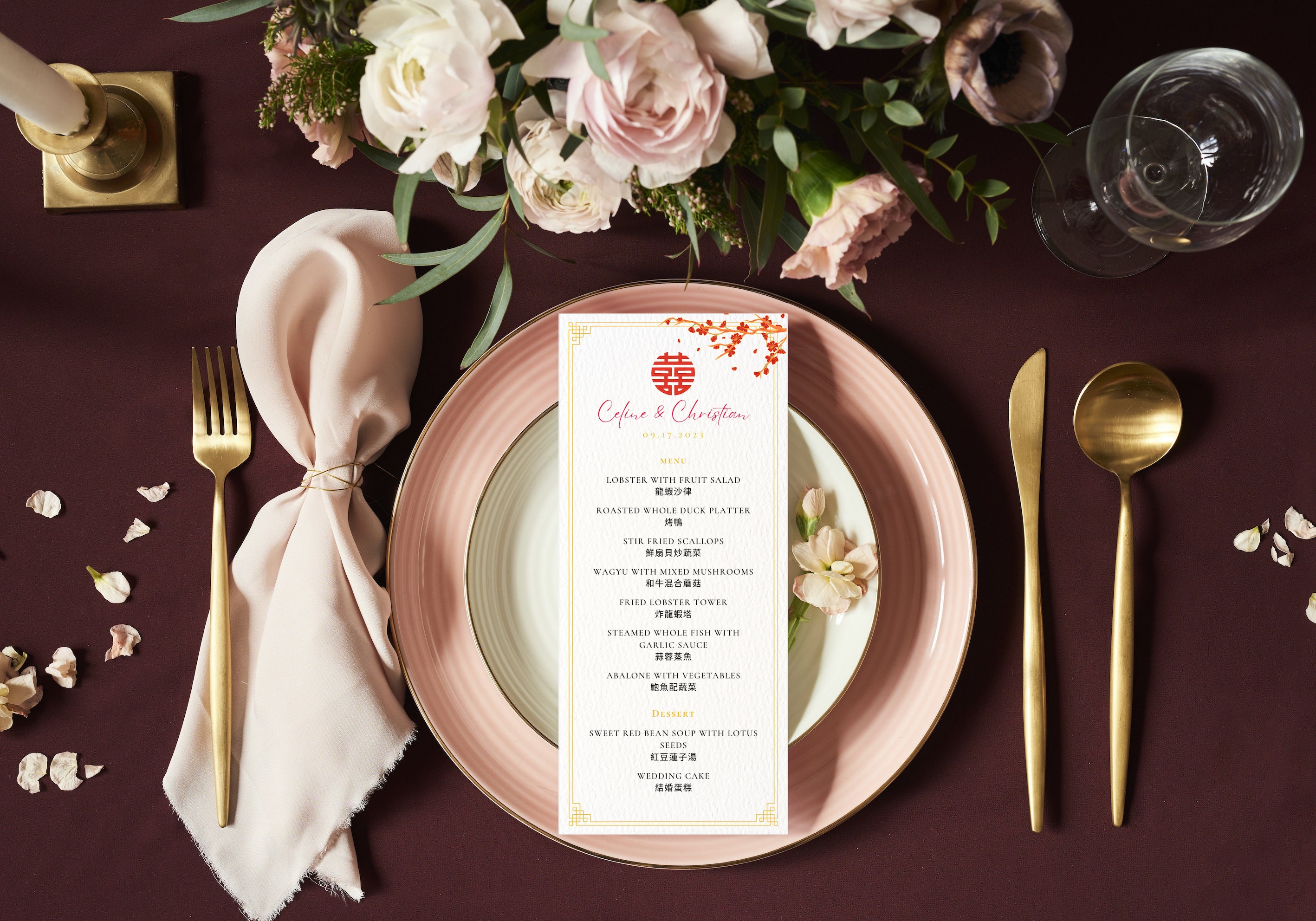 Chinese Wedding Menu Template: Double Happiness, Bilingual Design ...
