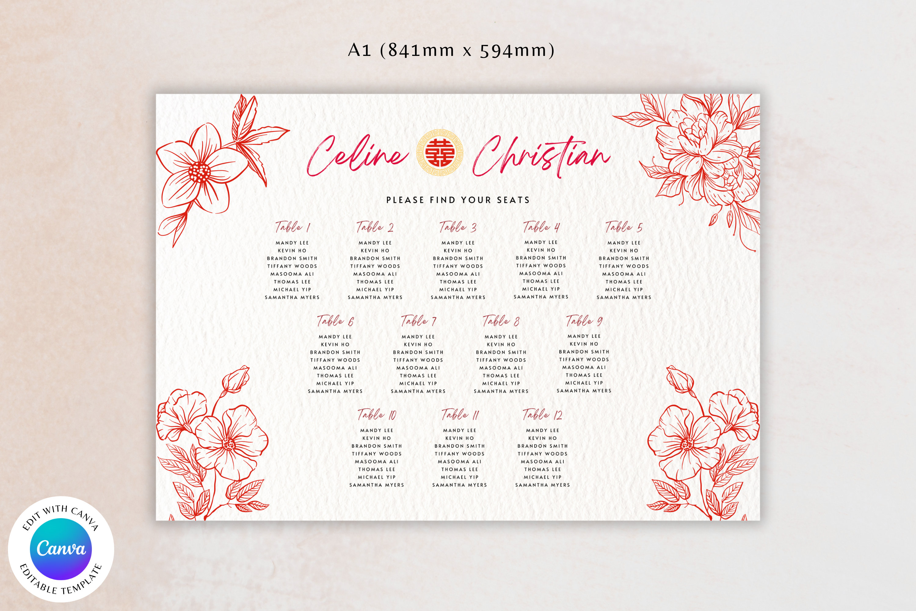 Chinese Wedding Seating Chart Template: Floral Asian Design (canva ...