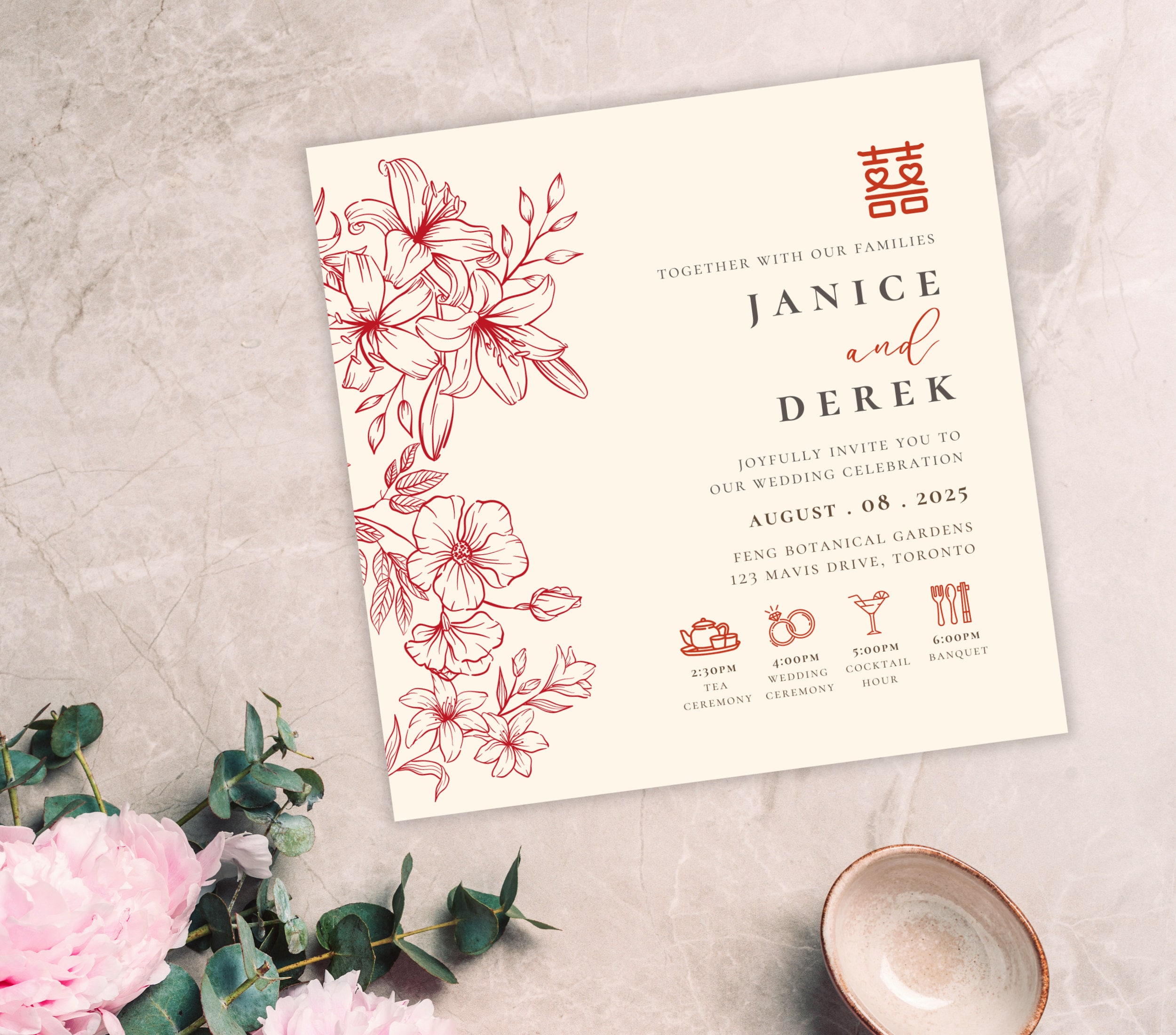Bilingual Chinese Wedding Invitation: Floral Square Template (digital ...