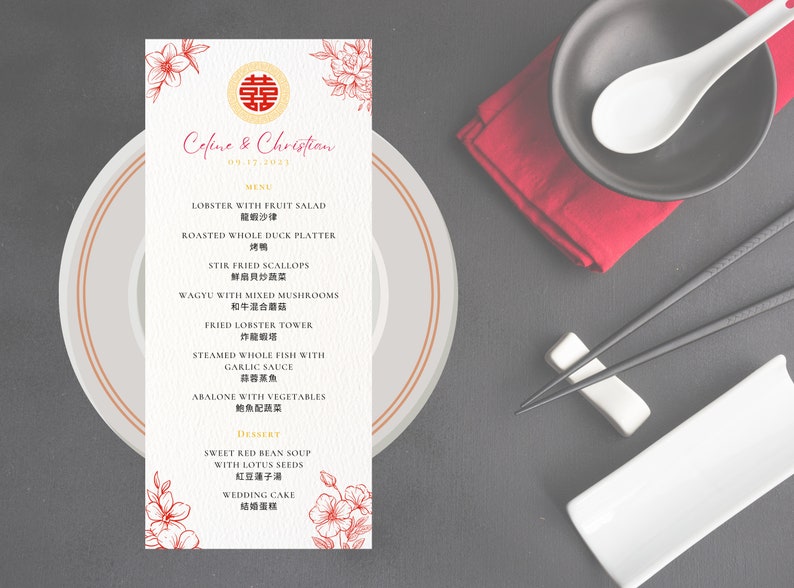 Bilingual Chinese Wedding Menu Template: Editable Canva Design (digital ...
