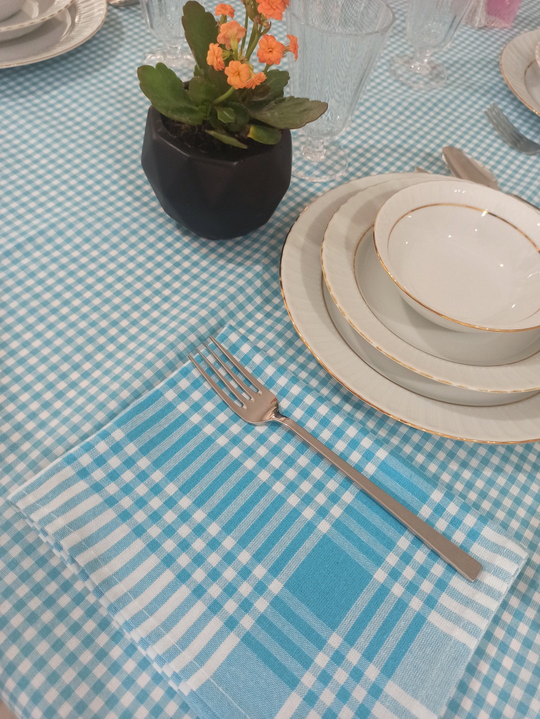 Turquoise and White Gingham Table Cloth , Picnic Table Cloth , Kitchen ...