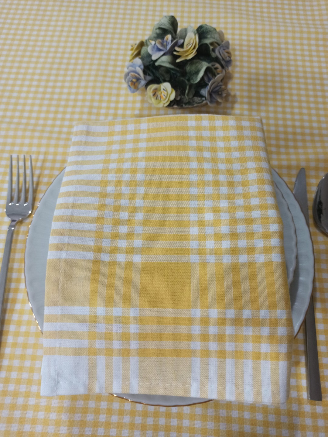 Yellow and White Gingham Table Cloth , Garden Table Cloth , Coton Table ...