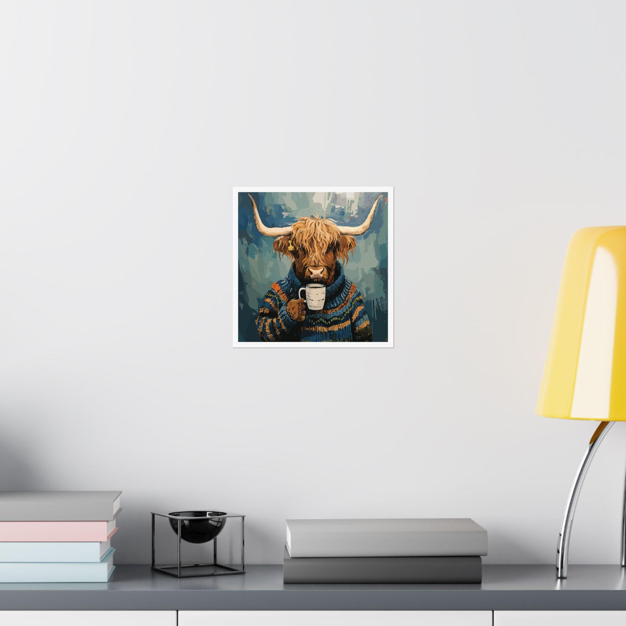 Caffeinated Highland Cow Matte Vertical Print, Bovine Barista, Cozy ...