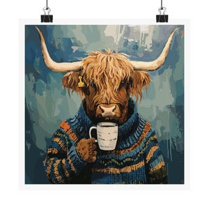 Caffeinated Highland Cow Matte Vertical Print, Bovine Barista, Cozy ...