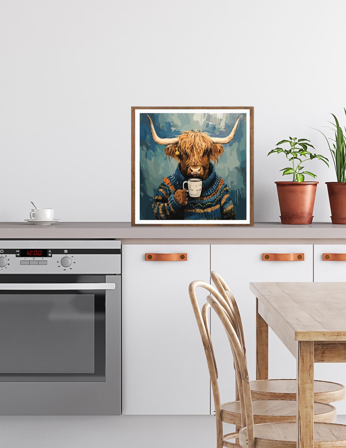Caffeinated Highland Cow Matte Vertical Print, Bovine Barista, Cozy ...
