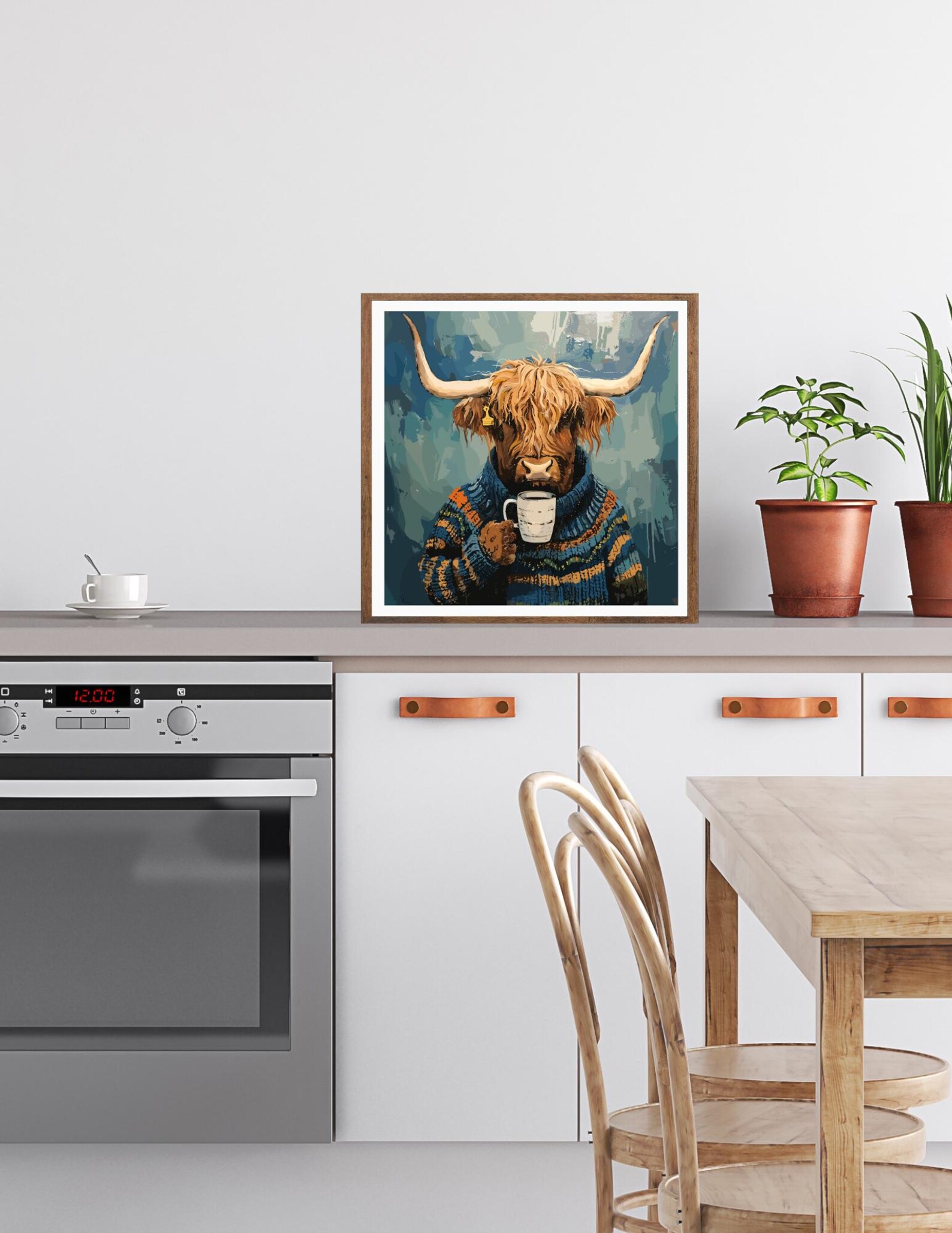 Caffeinated Highland Cow Matte Vertical Print, Bovine Barista, Cozy ...