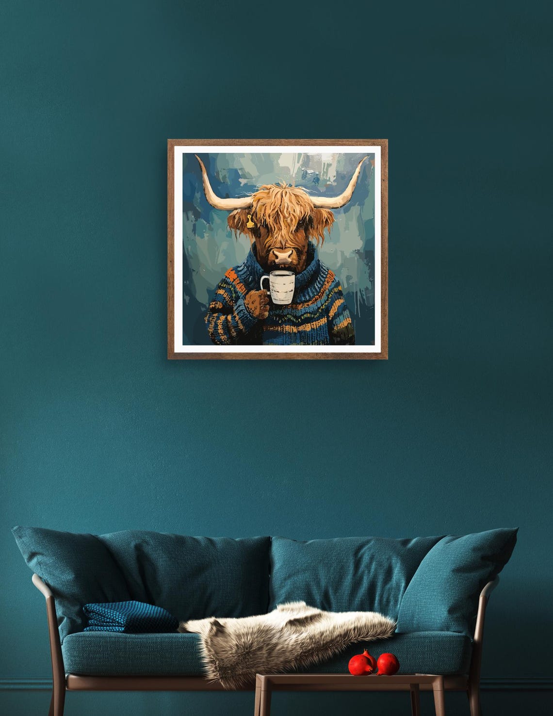 Caffeinated Highland Cow Matte Vertical Print, Bovine Barista, Cozy ...