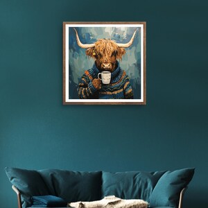 Caffeinated Highland Cow Matte Vertical Print, Bovine Barista, Cozy ...