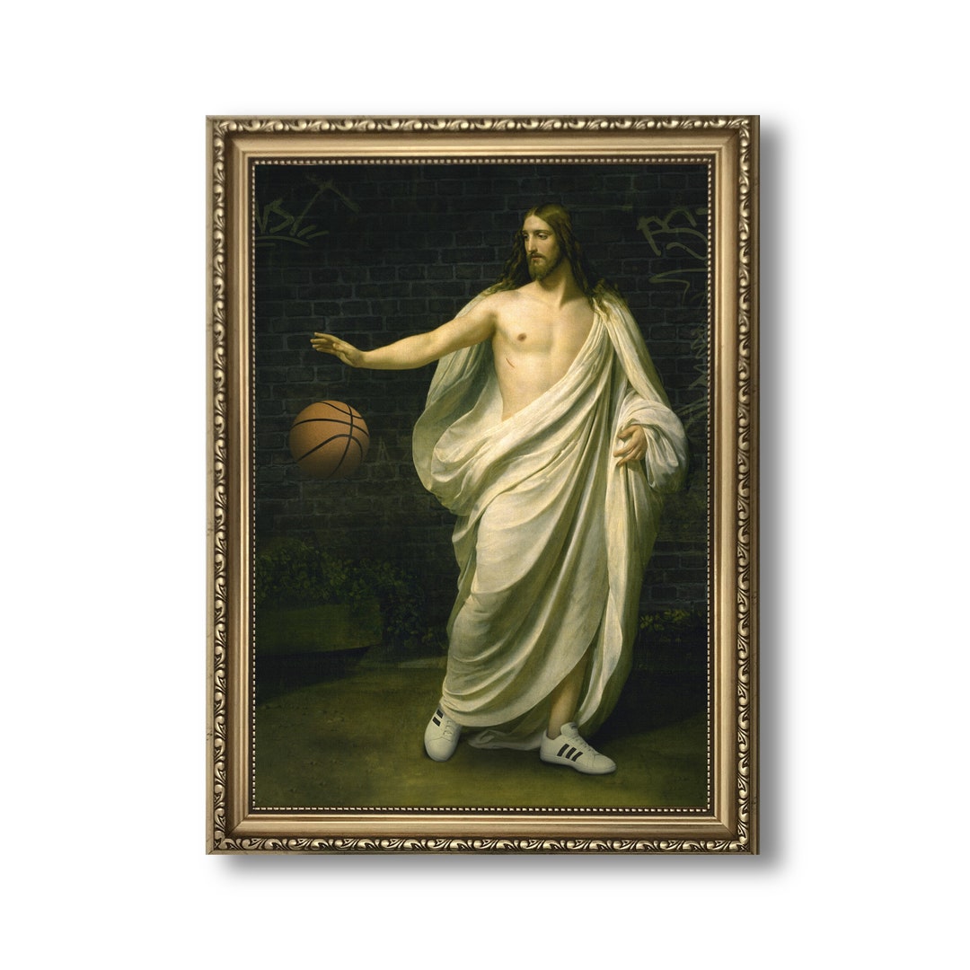 Basketball Jesus Print - Altered Vintage Painting Funny, Fathers Day ...