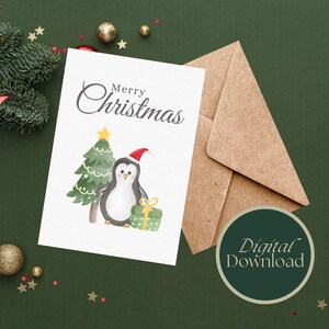 Printable Watercolour Christmas Card, Penguin Merry Christmas Card ...