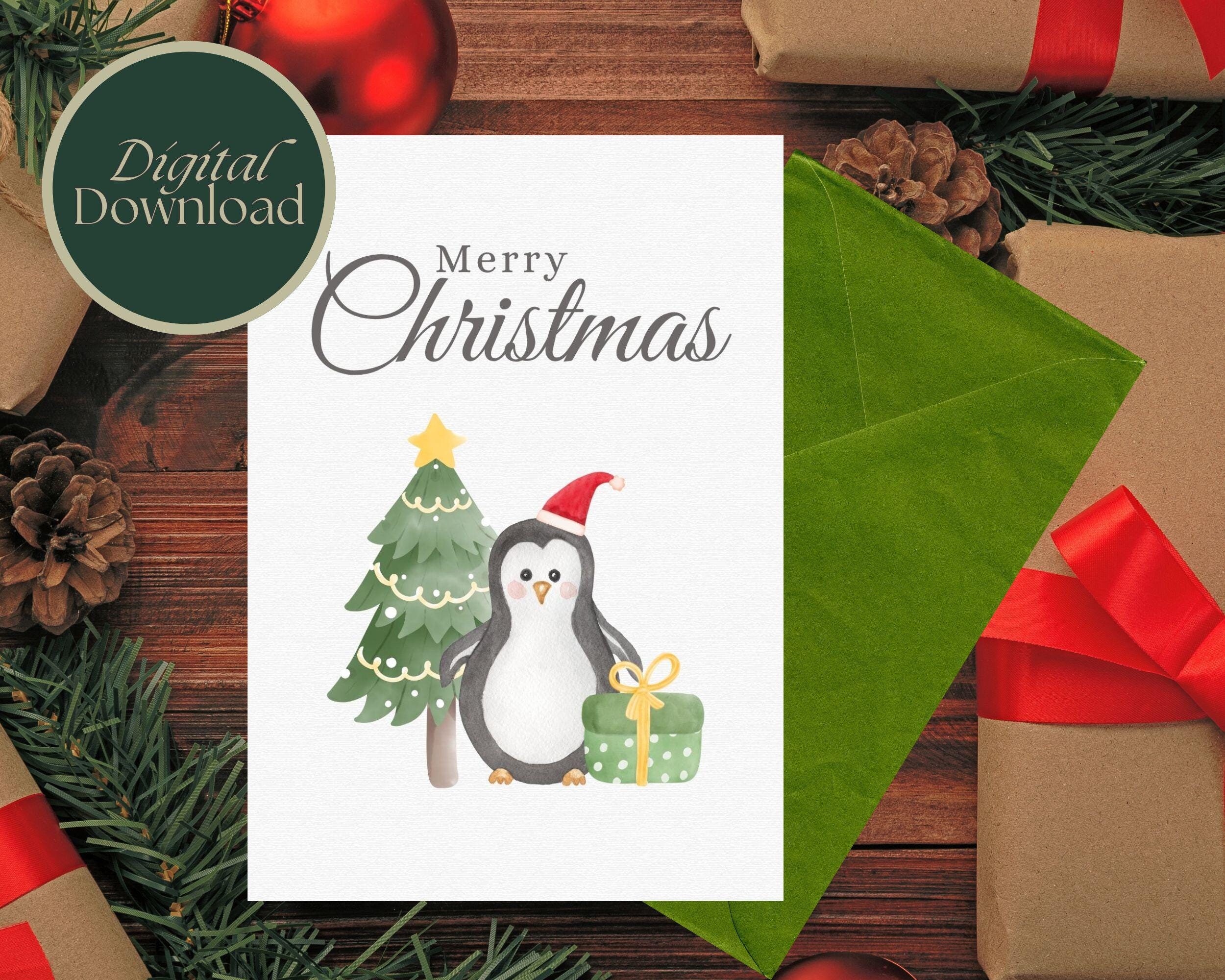 Printable Watercolour Christmas Card, Penguin Merry Christmas Card ...