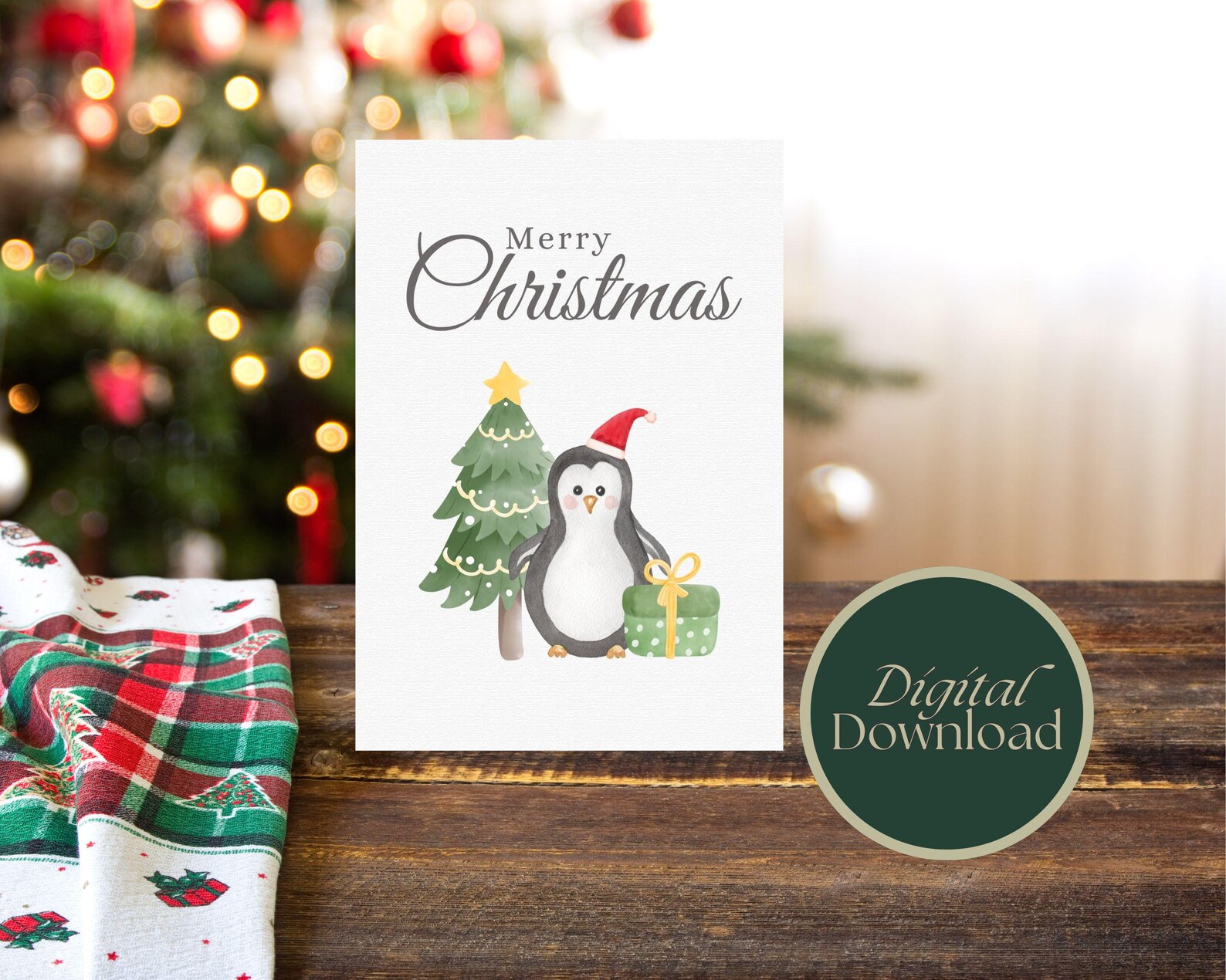Printable Watercolour Christmas Card, Penguin Merry Christmas Card ...