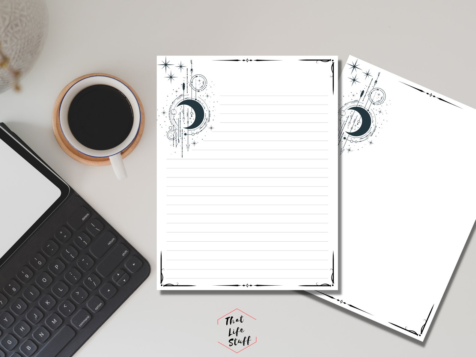 Moon and Stars Digital Paper, Moth and Moon Printable Stationary ...