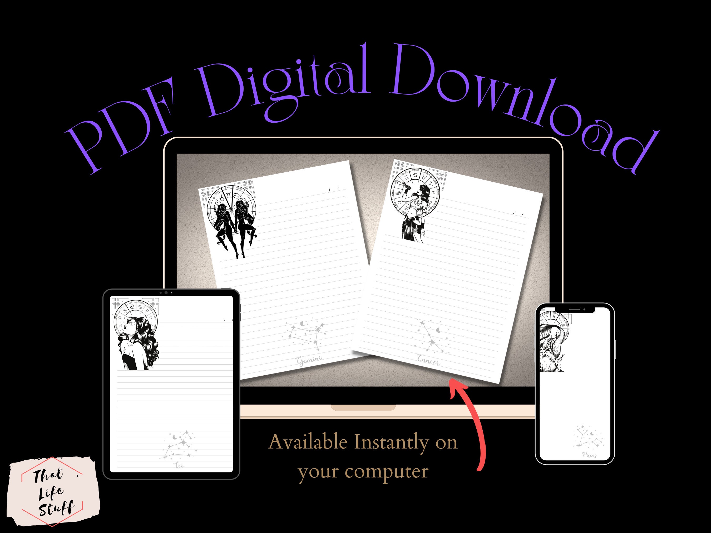 Zodiac Printable Stationery, 12 Houses Digital Paper, Astrology ...