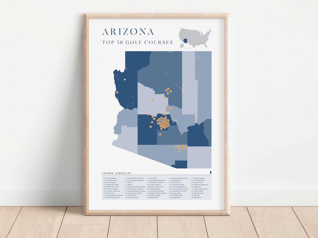 Arizona: Blue Map Charting Arizona's Top 50 Golf Courses - Etsy