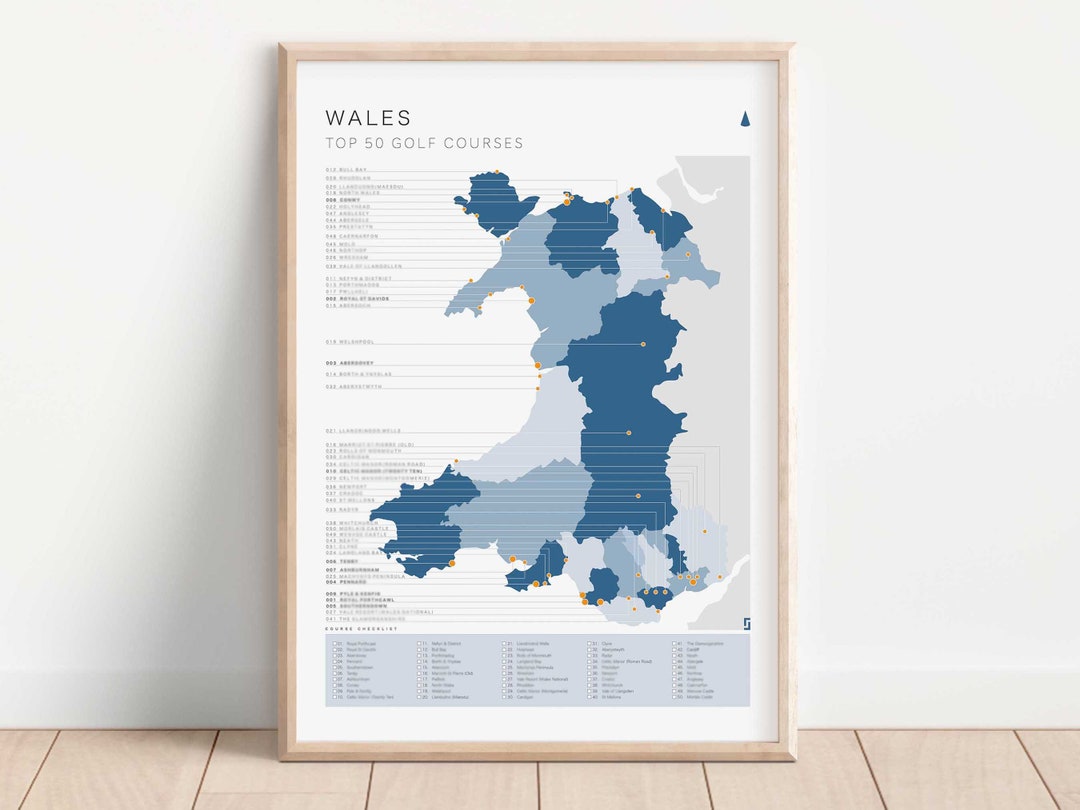 Wales Golf Map Checklist Blue - Top 50 Courses (golf Gift, Golf Lover ...