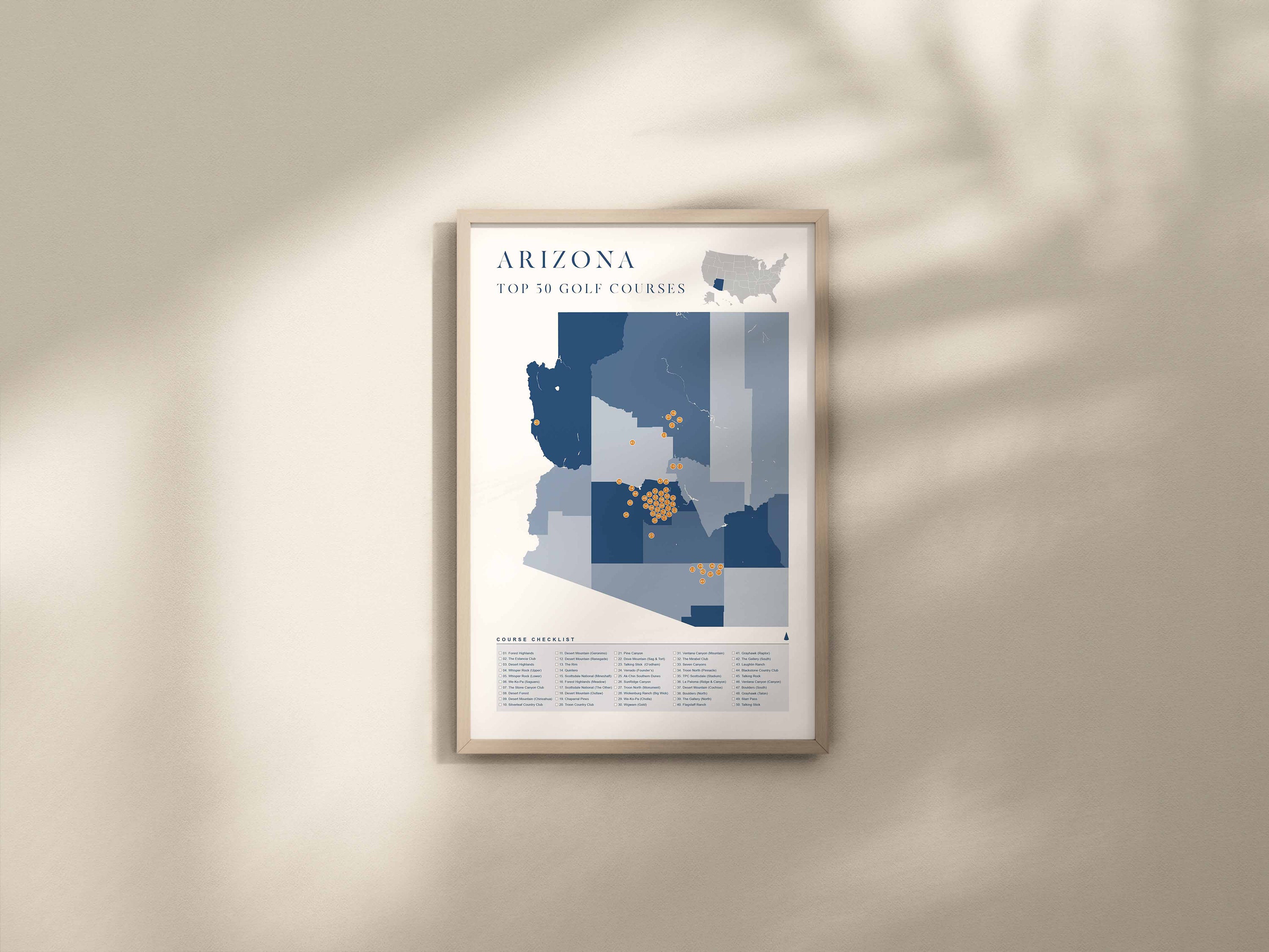Arizona: Blue Map Charting Arizona's Top 50 Golf Courses - Etsy