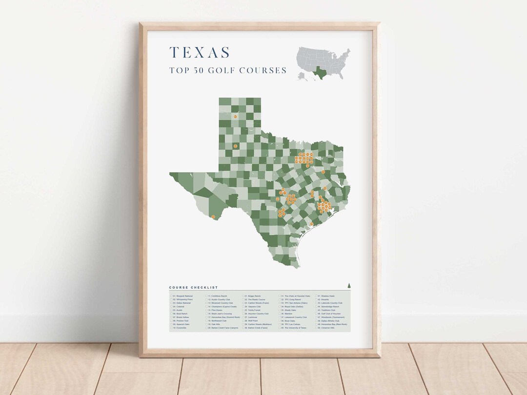 Texas Golf : Green Map of the State's Top 50 Golf Courses - Etsy