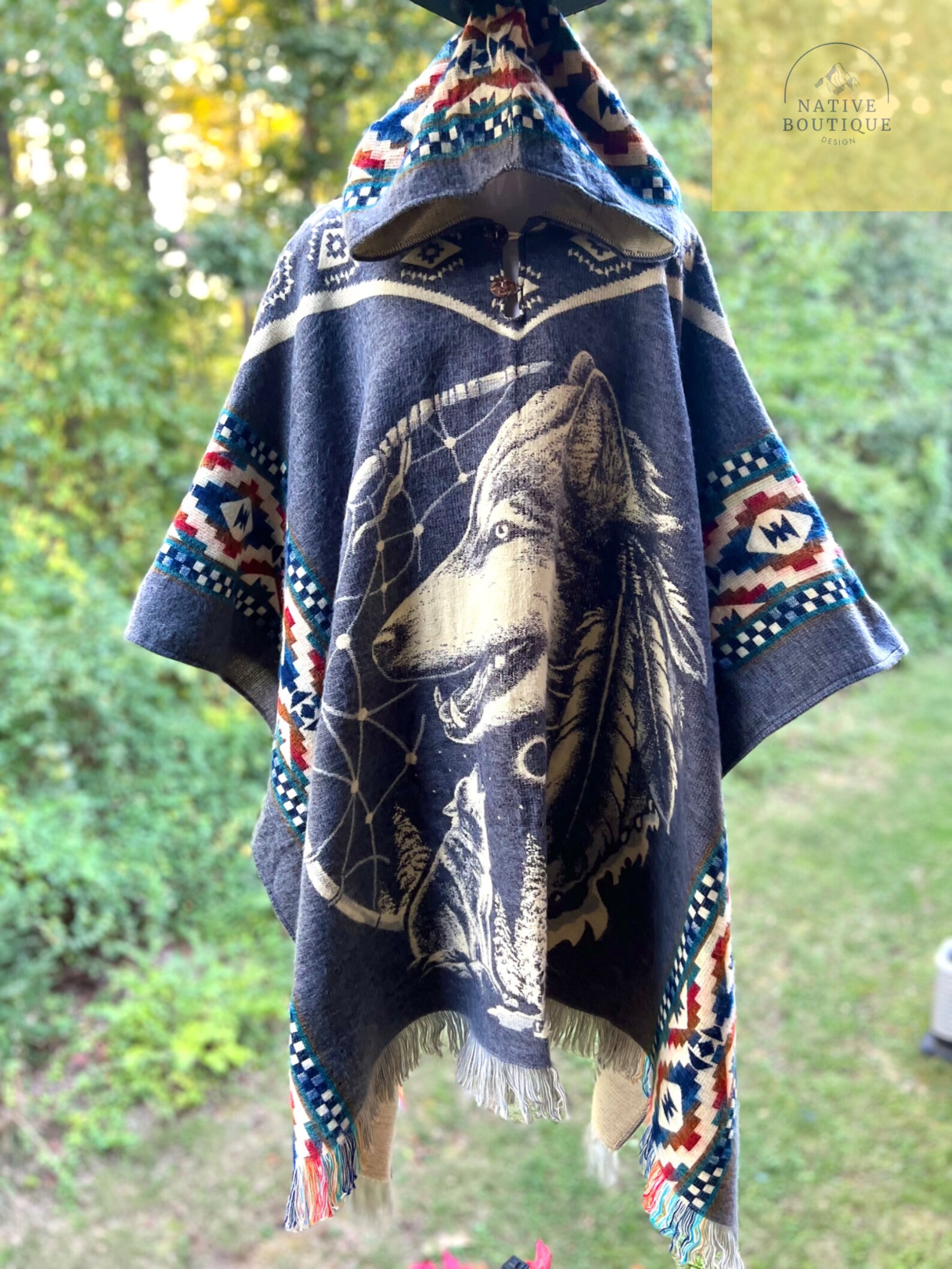 Dreaming Wolf Grey Native Alpaca Poncho Handmade Unique Clothing ...