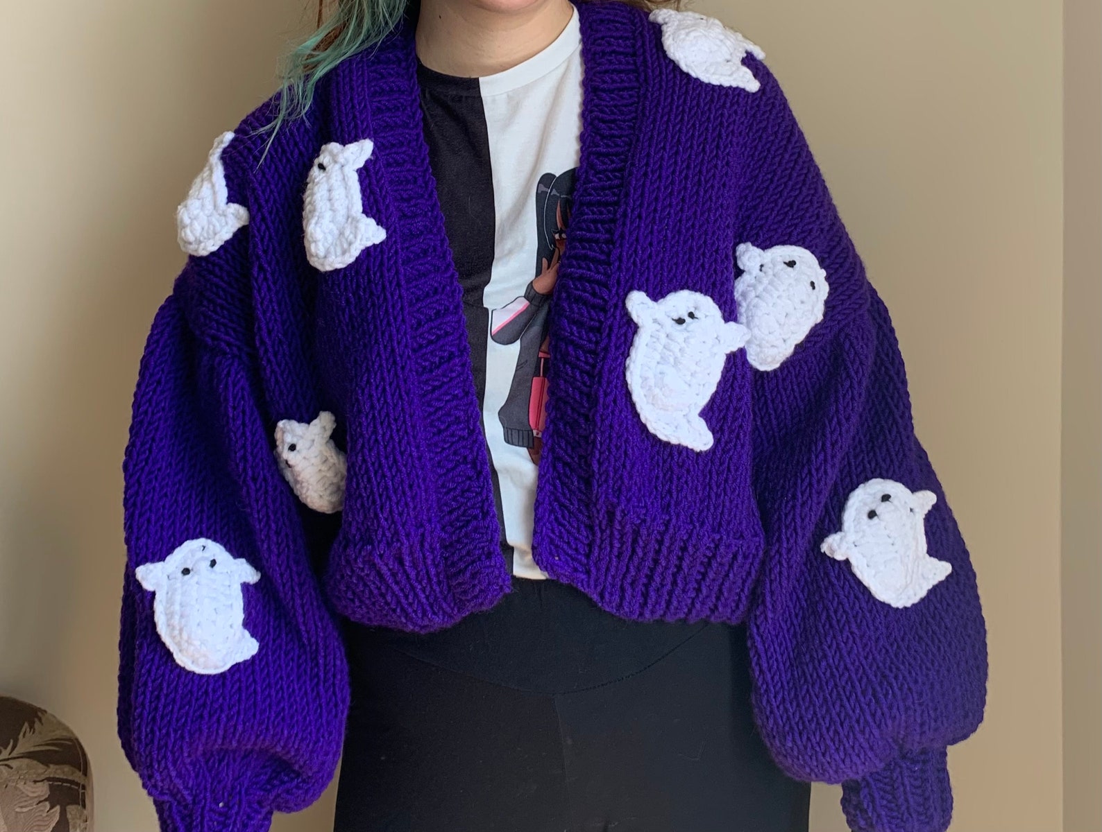 Ghost Halloween Knit Cardigan, Handknitted Halloween Sweater, Dark ...