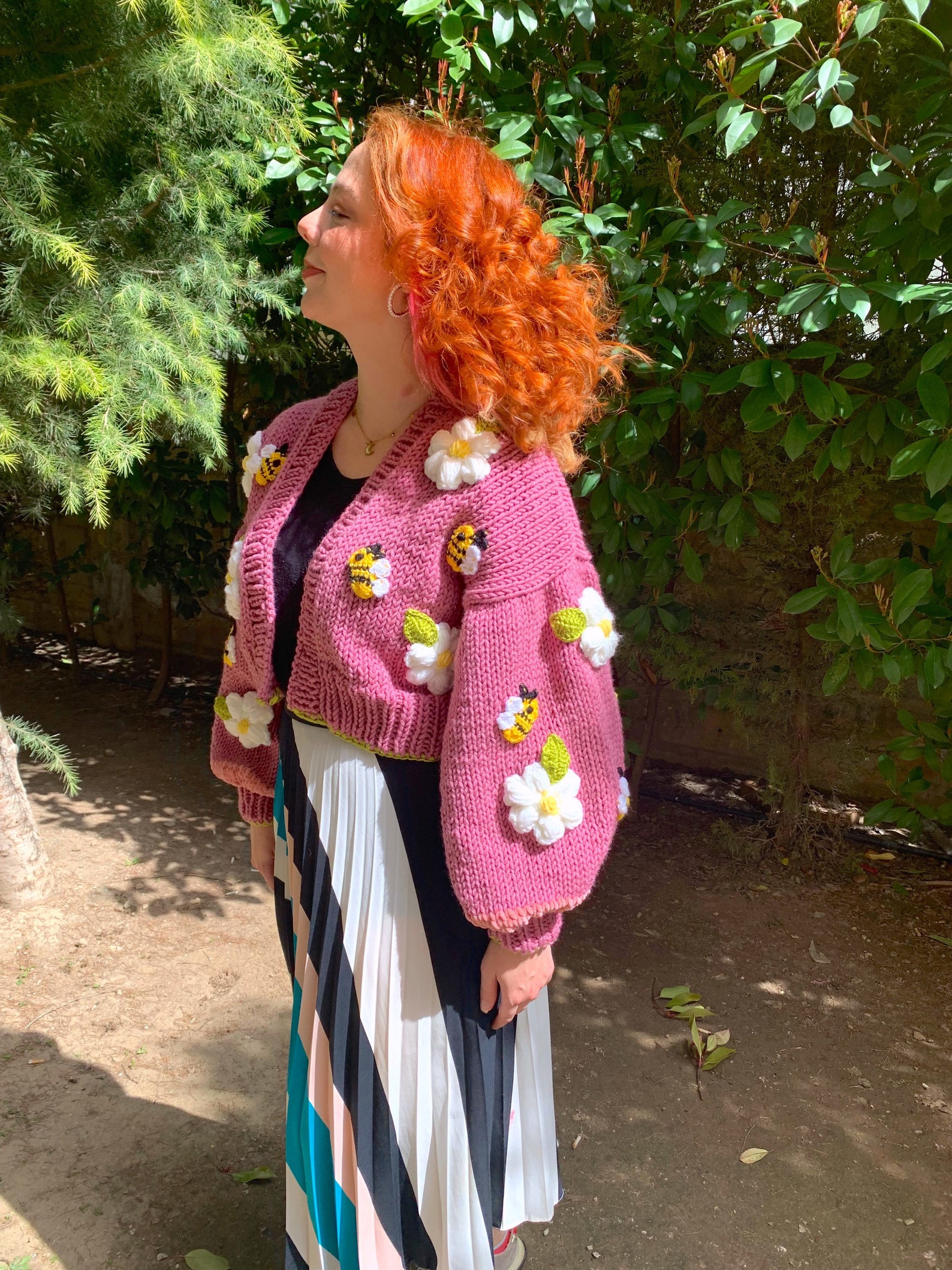 Crop Bee Knit Cardigan Pink Big Daisy Sweaterc Hunky - Etsy