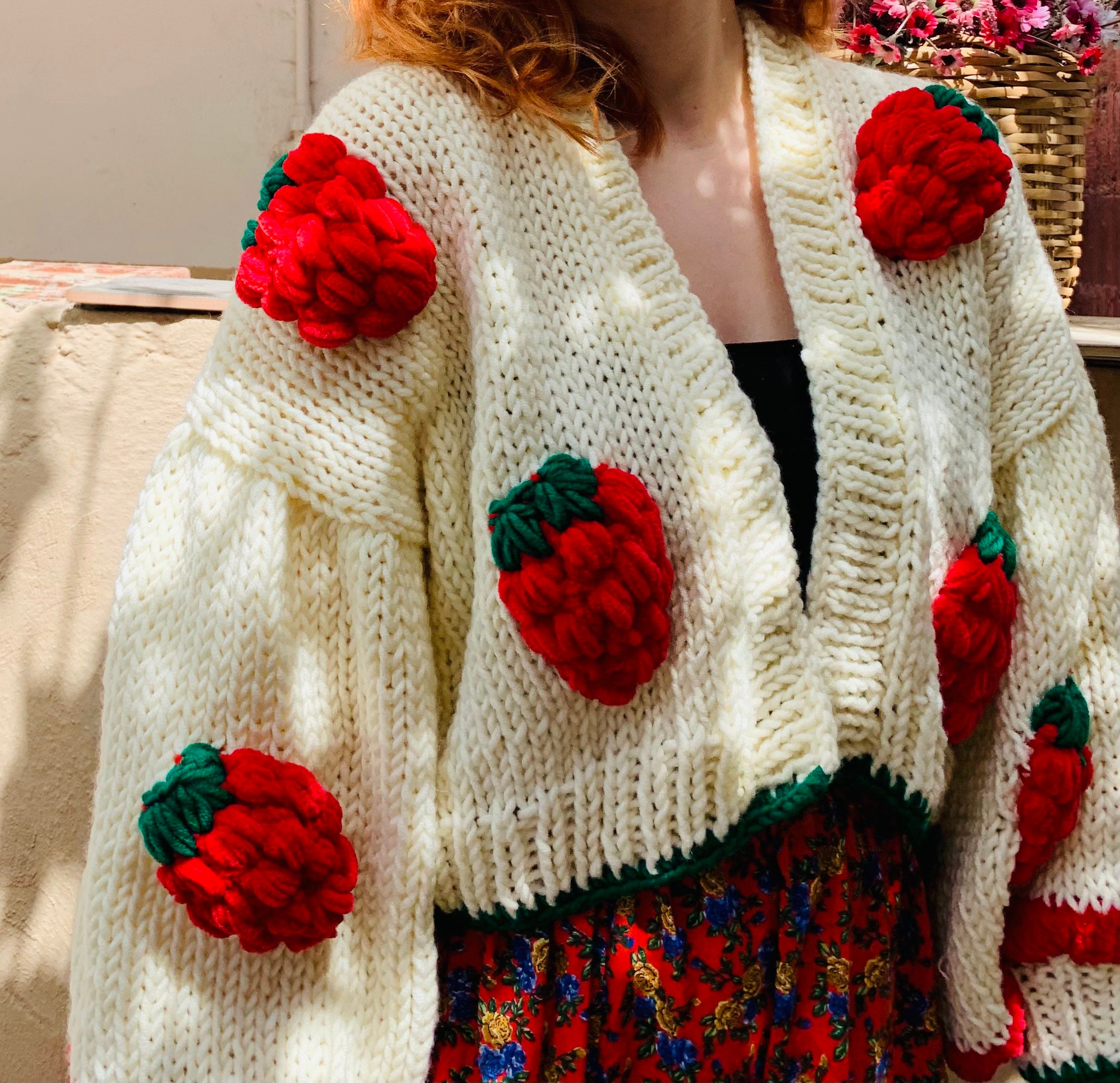 Strawberry Cardigan Cream Chunky Sweater Crop Strawberry - Etsy Canada