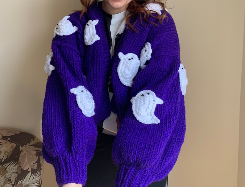 Ghost Halloween Knit Cardigan, Handknitted Halloween Sweater, Dark ...