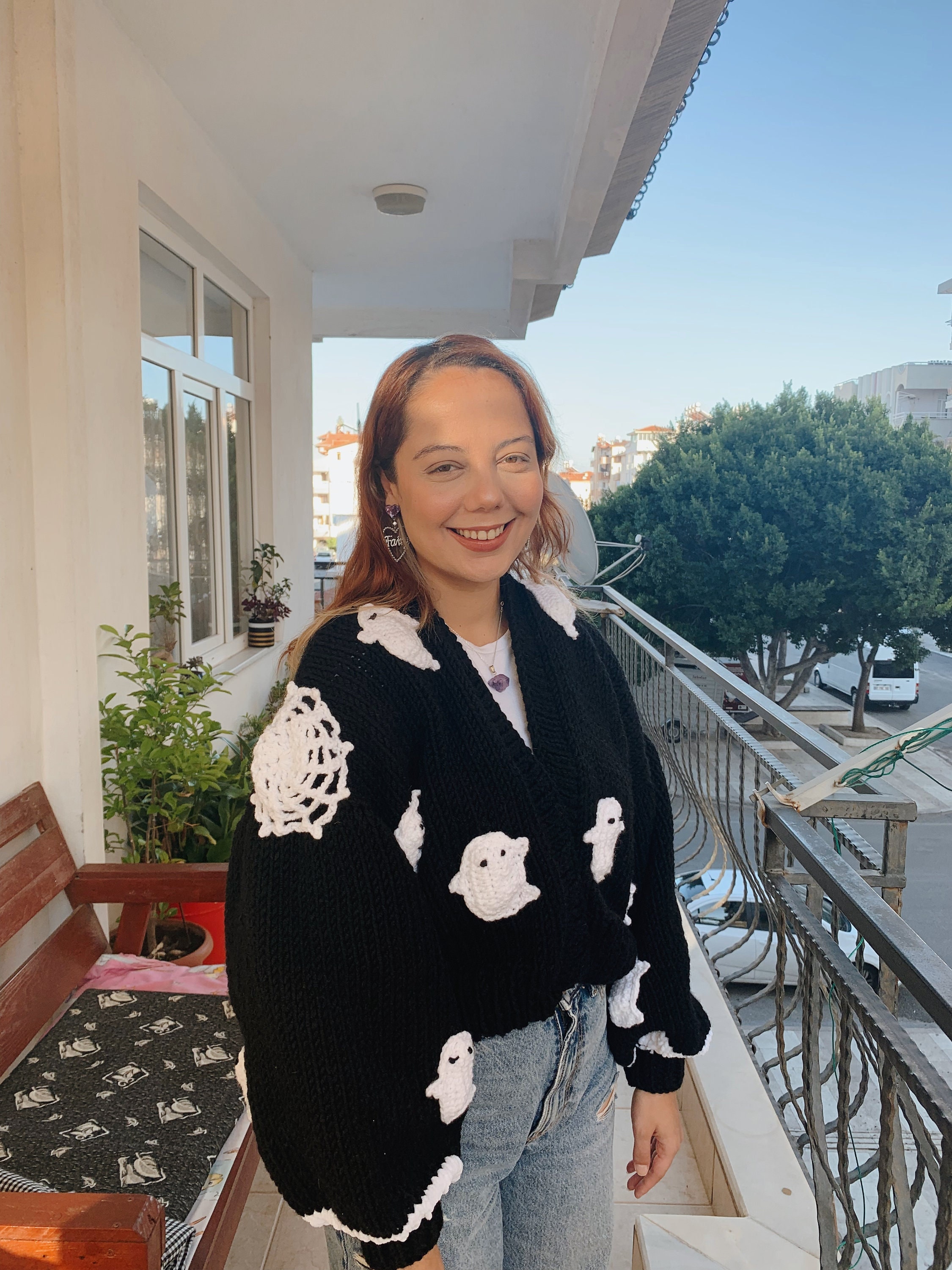 Ghost Cardigan With Spiderwebs Ghost Halloween Knit Cardigan - Etsy