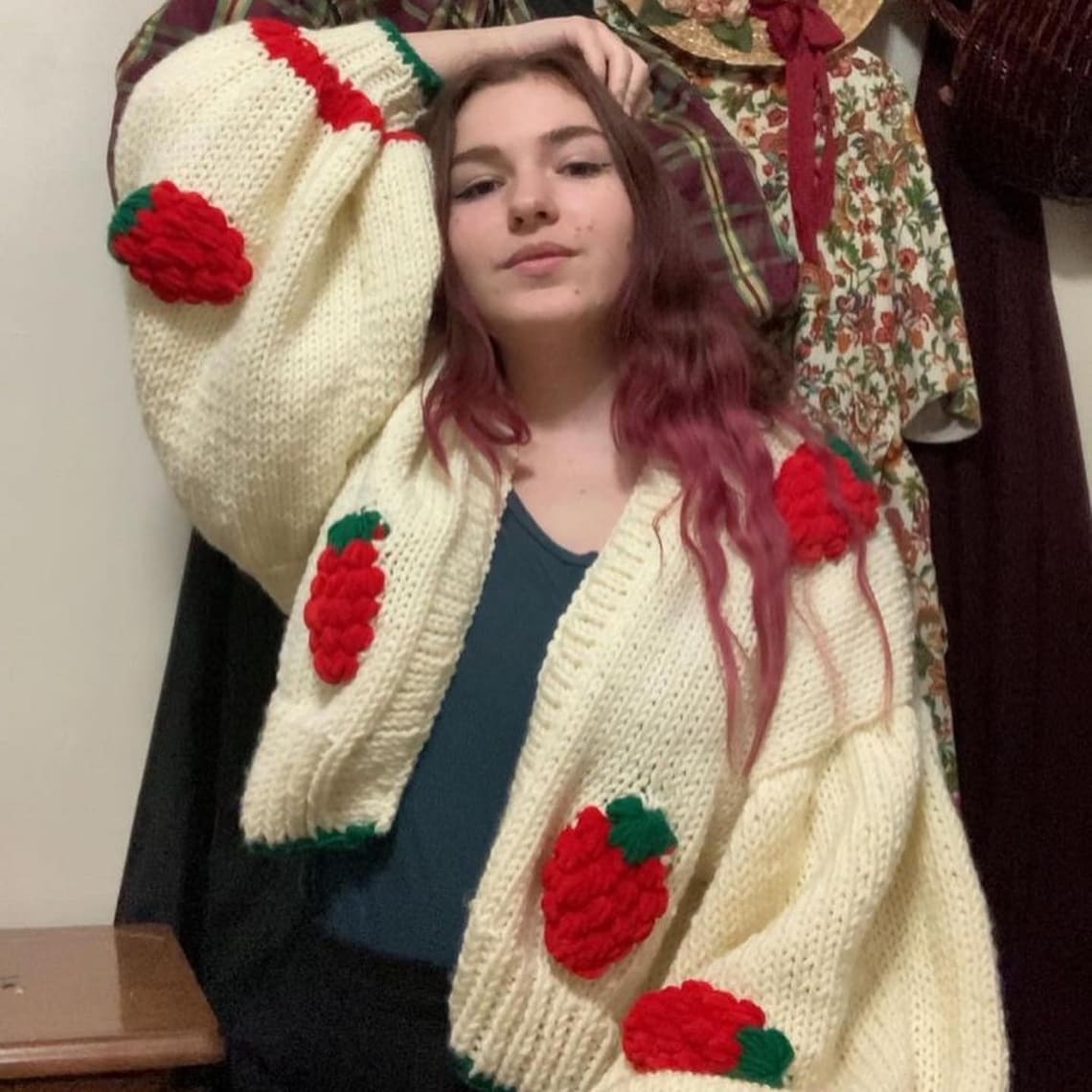 Strawberry Cardigan Cream Chunky Sweater Crop Strawberry | Etsy